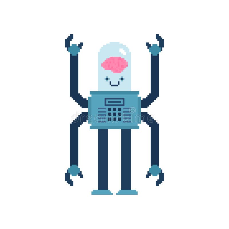 Robot with Brain Artificial Intelligence Pixel Art. 8 Bit Retro Cyborg ...