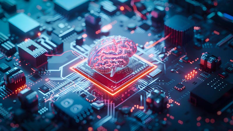 Robot Brain on Circuit Board in Red and Gray Digital Art Stock ...