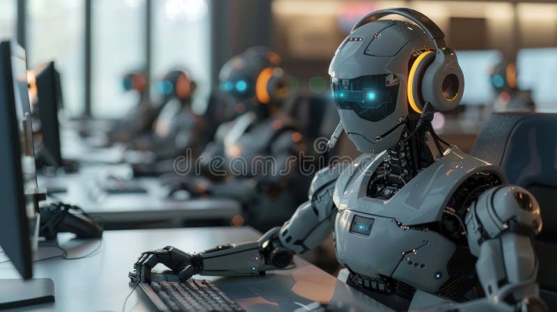A Robot in a Brightly Lit Call Center Environment, Answering Calls and ...