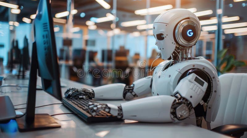 A Robot in a Brightly Lit Call Center Environment, Answering Calls and ...