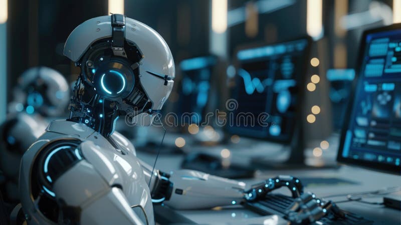 A Robot in a Brightly Lit Call Center Environment, Answering Calls and ...