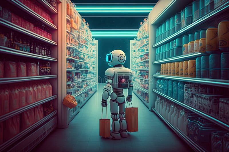 Robot, Browsing through the Aisles of Futuristic Grocery Store Stock ... Robot, Browsing through the Aisles of Futuristic Grocery Store Stock ...