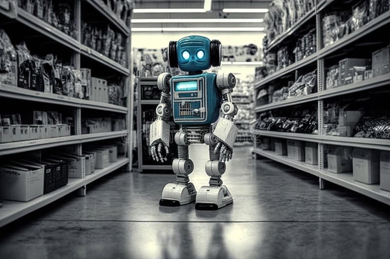 Robot, Browsing the Aisles of Hardware Store, with Various Tools and ...