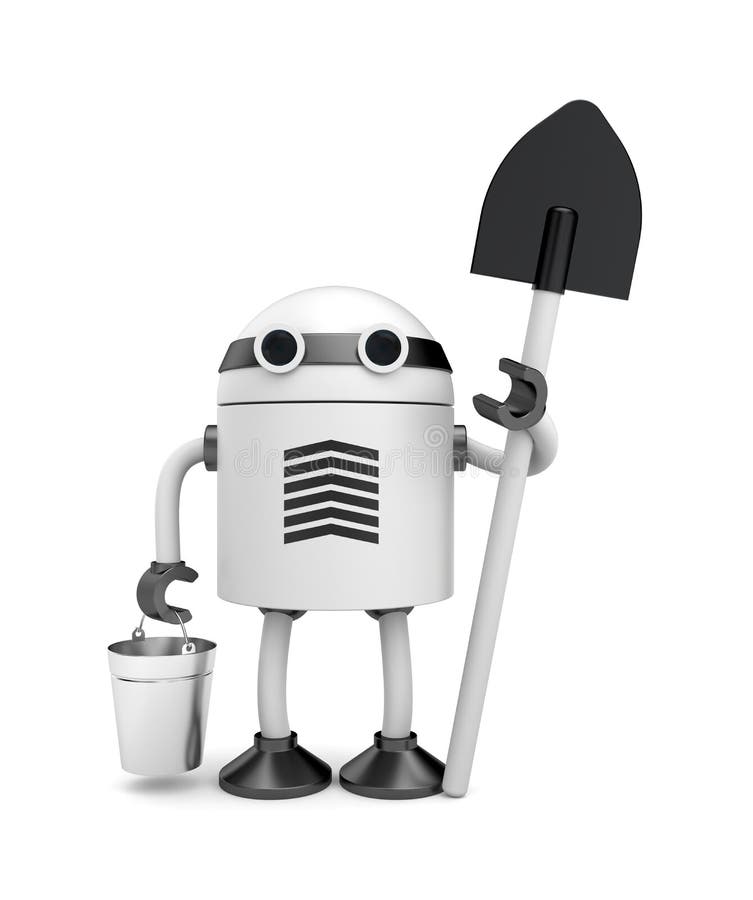 Robot with Bucket and Shovel Stock Illustration - Illustration of ...