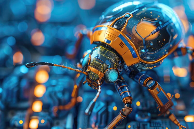 Robot Bug Sits on the Technology Electronic Background Stock ...