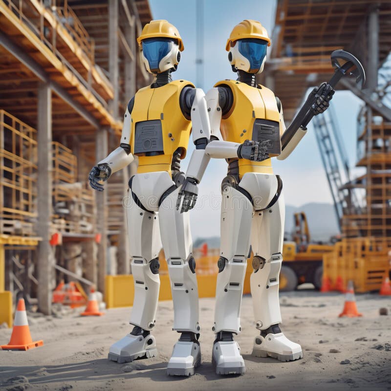 Robot Builders Work On A Construction Site With Tools Made With Ai