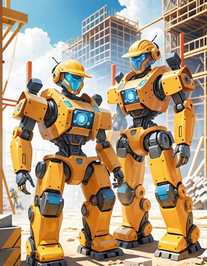 Robot Builders Work on a Construction Site with Tools. Made with AI Stock Illustration ...