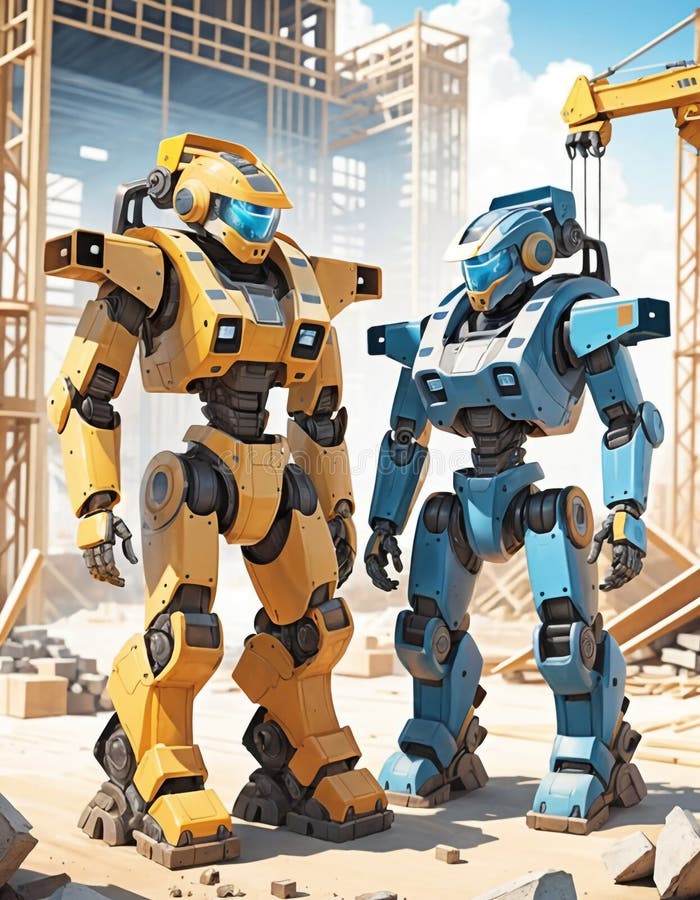 Robot Builders Work on a Construction Site with Tools. Made with AI Stock Illustration ...