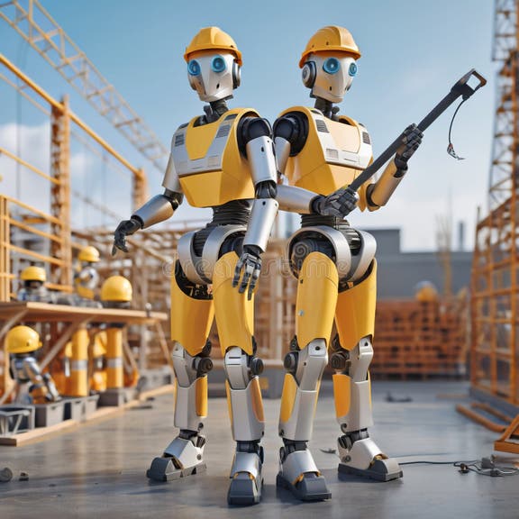 Robot Builders Work on a Construction Site with Tools. Made with AI Stock Illustration ...