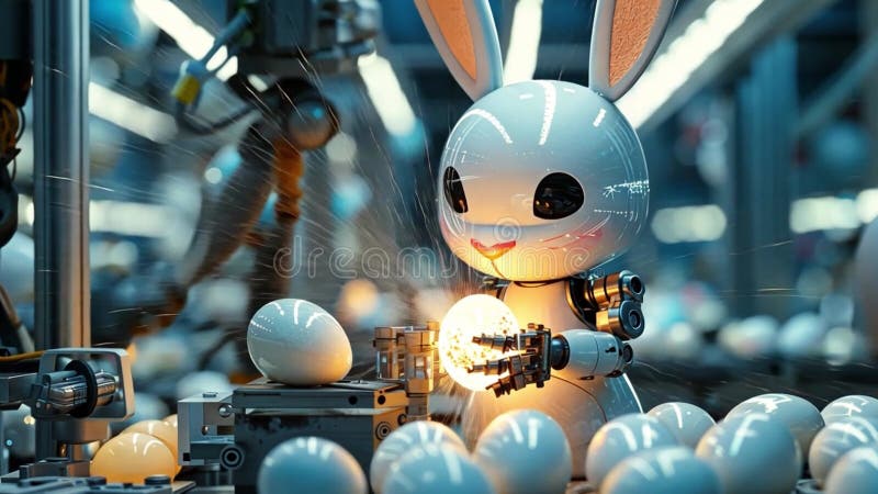 Robot Bunny Creating Digital Eggs in a High-tech Facility during Easter ...