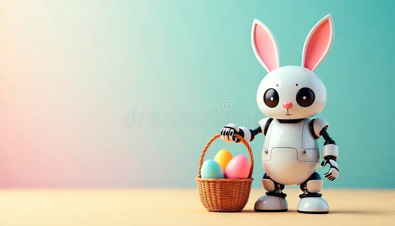 Robot Bunny Holding an Easter Basket with Colorful Eggs, Pastel ...