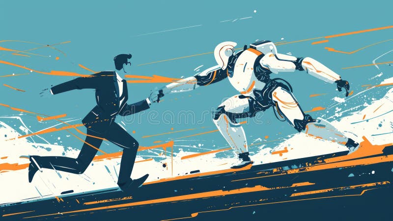 Robot and Business Man Running on the Road. Illustration Stock ...