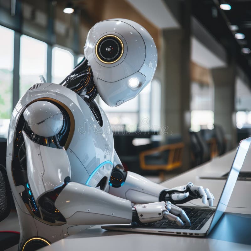 Robot Businessman Using Laptop Computer in Office Stock Image - Image ...