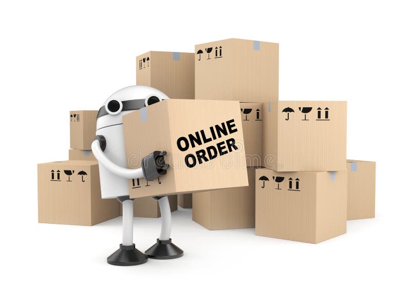 Robot with cardboard box stock illustration. Illustration of display ...