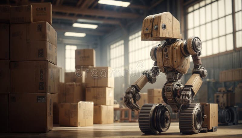 Robot and Cardboard Boxes in Warehouse Stock Illustration ...