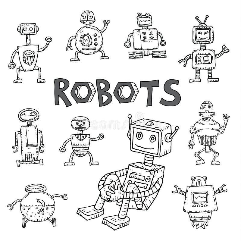 Robot Cartoon Doodle, Vector Illustration. Stock Vector - Illustration ...