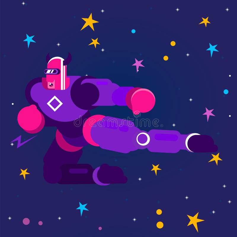 Robot in Cartoon Space, Vector Illustration. Art Cyborg Design in ...