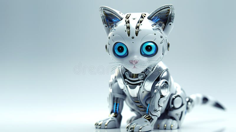 A Robot Cat with Blue Eyes Sitting on a White Surface. Generative AI ...