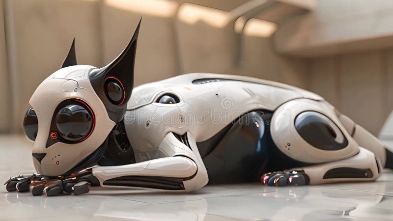 A Robot Cat is Lying Down on the Floor. Robot Cat Laying Down on Floor ...