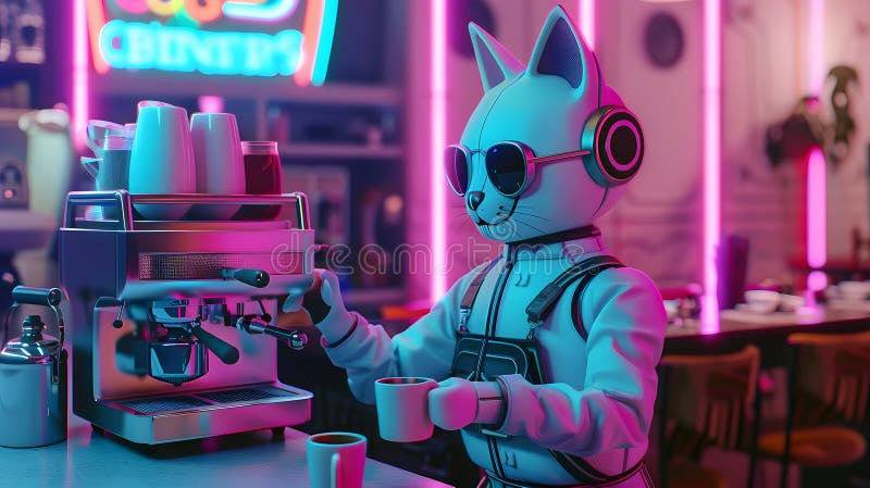 Cat Man Barista, Portrait of a Robot Cat-man Barista Making Coffee in a ...