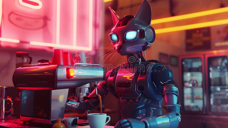 Cat Man Barista, Portrait of a Robot Cat-man Barista Making Coffee in a ...