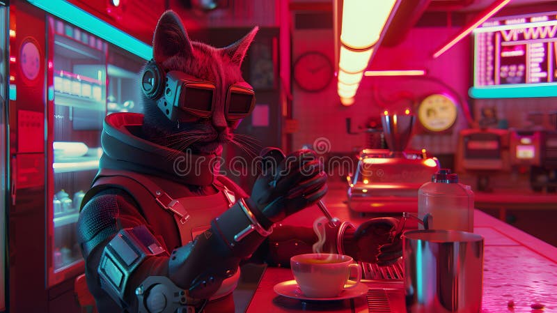 Cat Man Barista, Portrait of a Robot Cat-man Barista Making Coffee in a ...