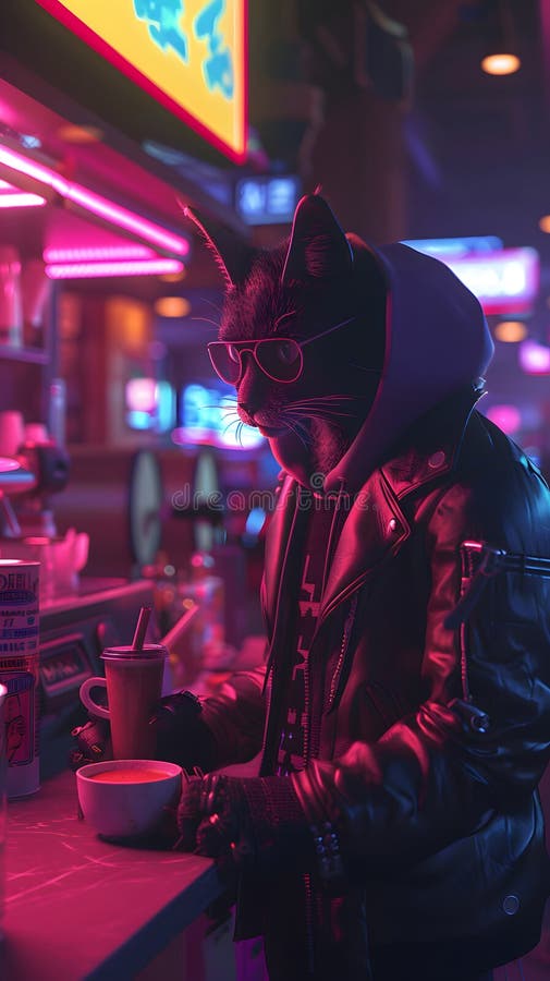 Cat Man Barista, Portrait of a Robot Cat-man Barista Making Coffee in a ...