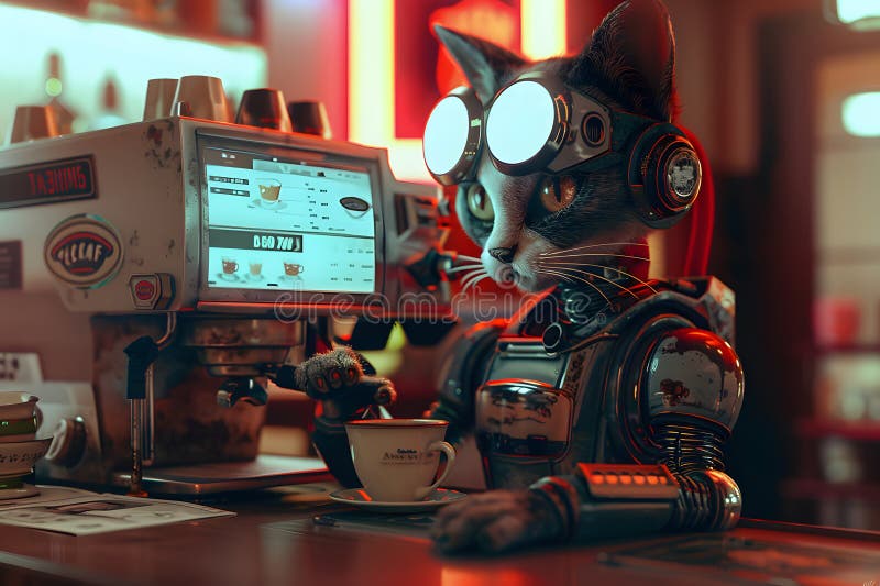 Cat Man Barista, Portrait of a Robot Cat-man Barista Making Coffee in a ...