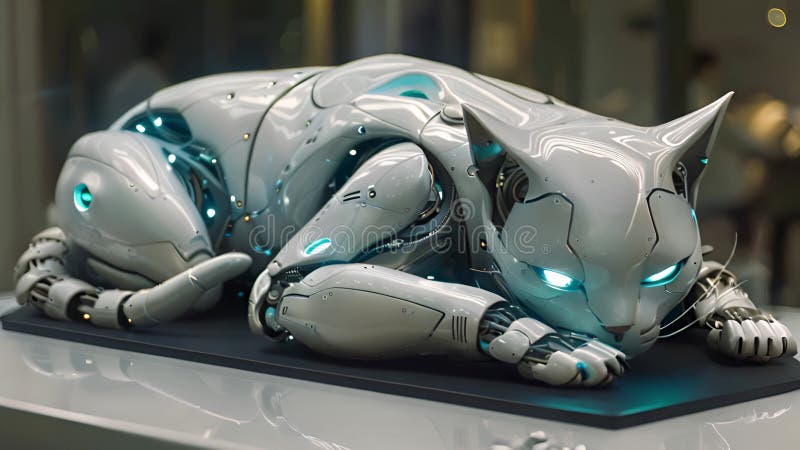 A Robot Cat Rests on Top of a Table. Robot Cat Laying on Table Stock ...