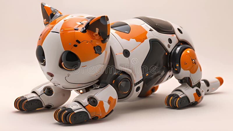 A Robot Cat Sits on a White Surface. Robot Cat Sitting on White Surface ...