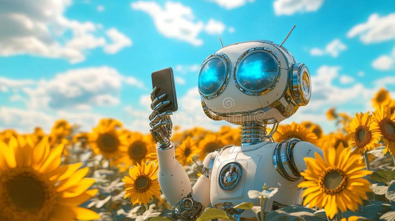 Robot with Cell Phone in Sunflower Field Stock Photo - Image of sunny ...