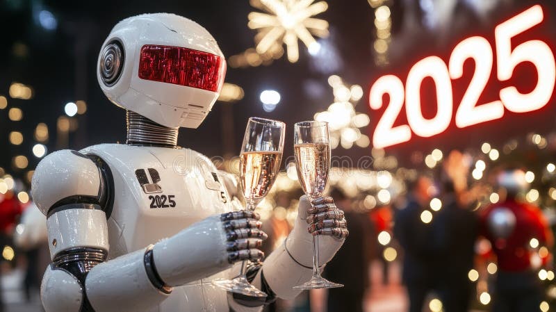 Robot with Champagne Celebrating New Year 2025, a Glimpse into the ...