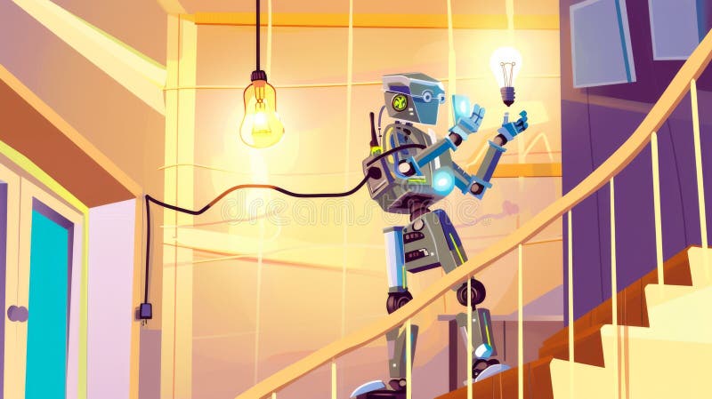 Robot Changing Light Bulb Indoors Stock Illustration - Illustration of ...