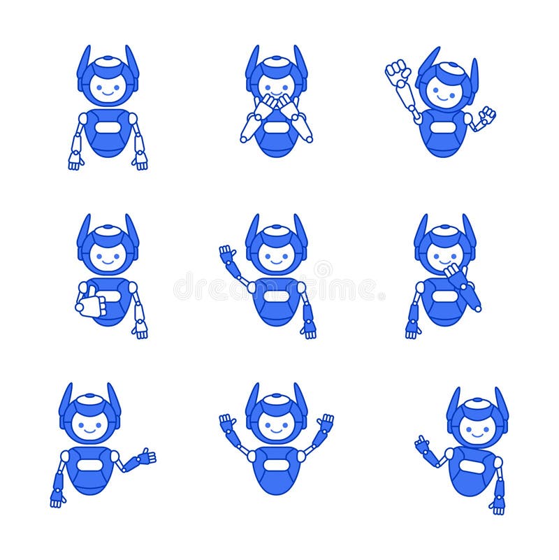 Robot Character Pose Vector Illustration Robot Cartoon Gesture Set