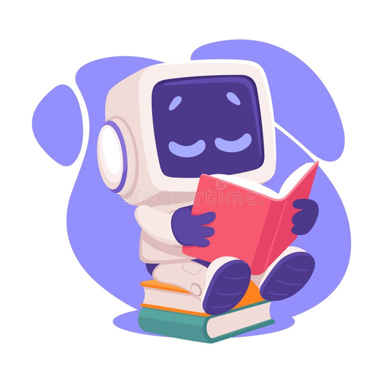 Robot Character Reading Book As Smart Android Assistant Machine Vector