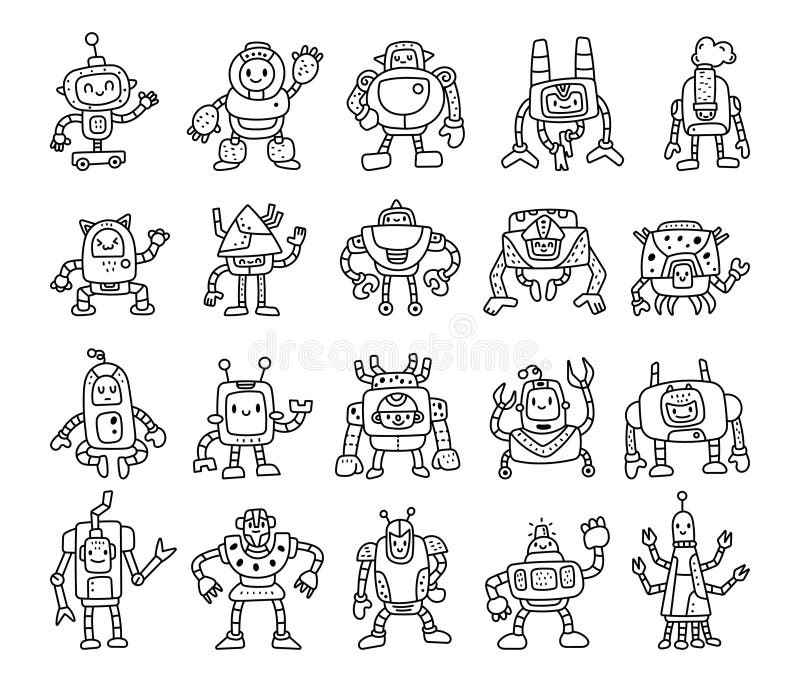 Robot Character Set in Outline Line Art Stock Illustration ...
