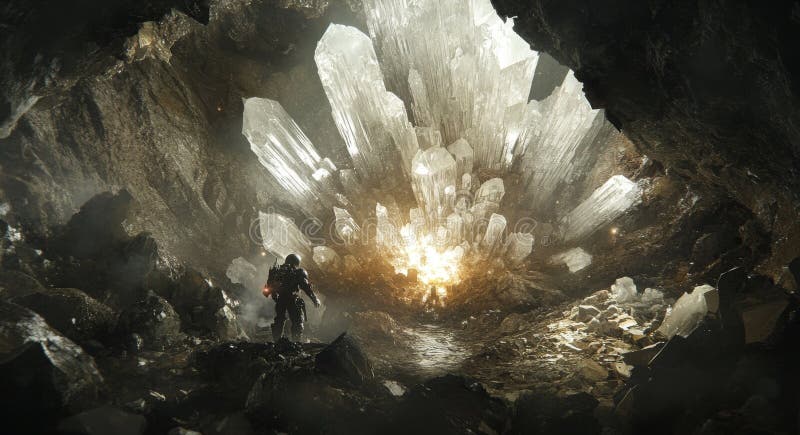 Robot Character Shines Light Rock Formations Exploring Crystal Cave Stock Photos - Free ...