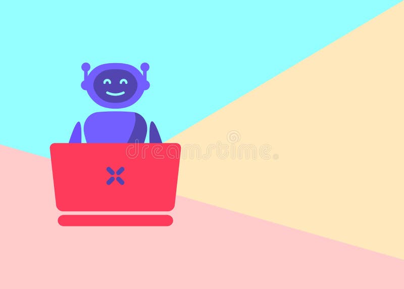 Robot Chat Bot with Laptop on Pink Blue Colored Pastel Background Stock ...