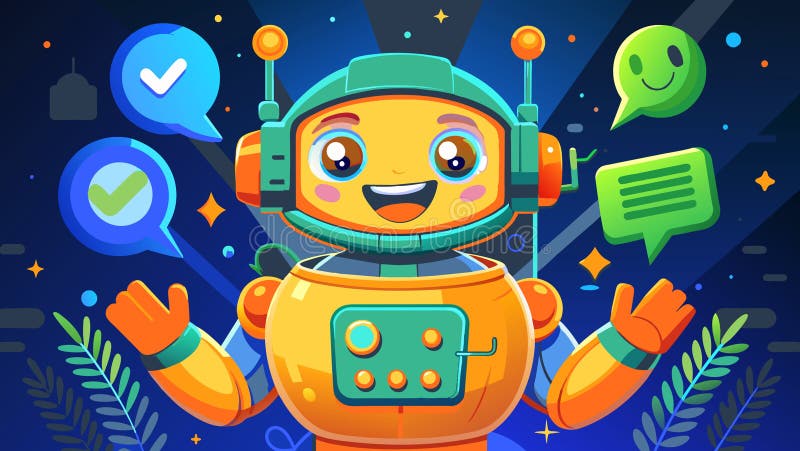 Robot Chat Bot with Smiling Face in Cartoon Style. it is Surrounded by ...