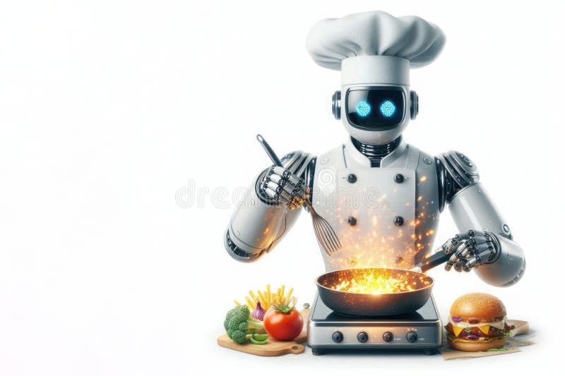 Robot Chef Cooking Food with Sparks. Space for Text. Stock Photo ...