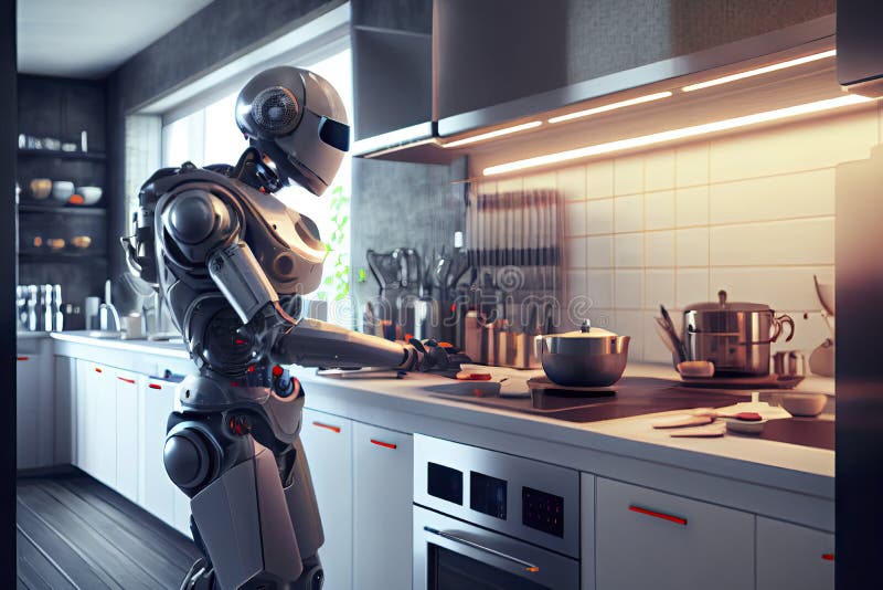 Robot Chef Cooking in Kitchen of Future Home Genius, Smart Robot ...