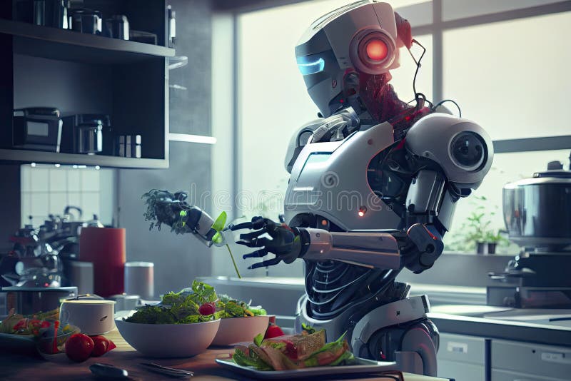 Robot Chef Cooking in Kitchen of Future Home Genius, Smart Robot ...