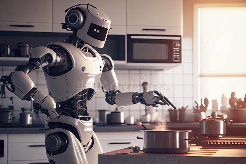 Robot Chef Cooking in Kitchen of Future Home Genius, Smart Robot ...