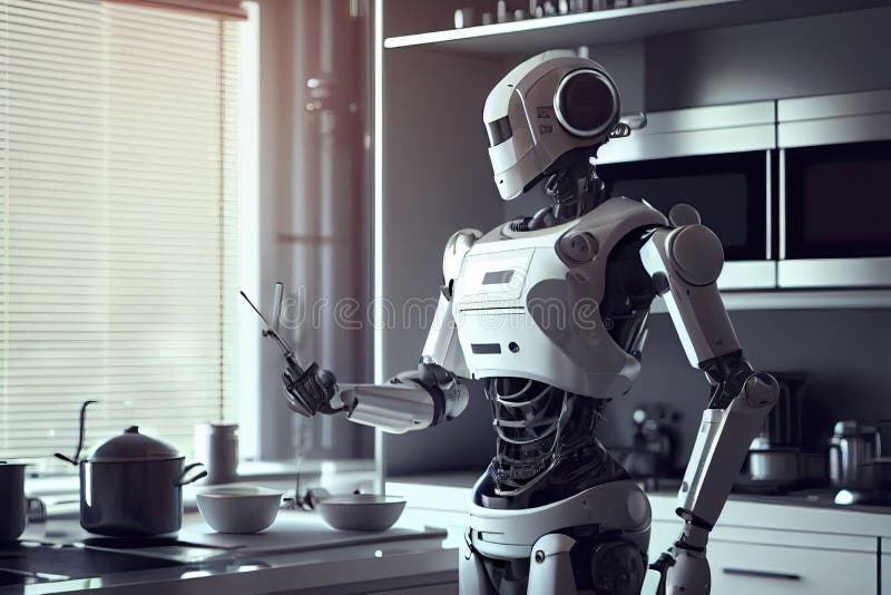 Robot Chef Cooking in Kitchen of Future Home Genius, Smart Robot ...