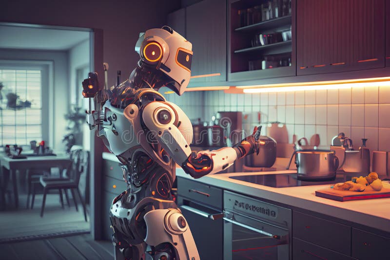 Robot Chef Cooking in Kitchen of Future Home Genius, Smart Robot ...