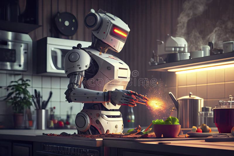 Robot Chef Cooking in Kitchen of Future Home Genius, Smart Robot ...