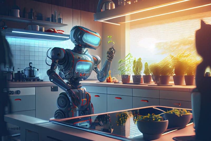 Robot Chef Cooking in Kitchen of Future Home Genius, Smart Robot ...