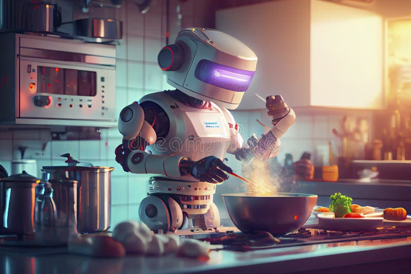Robot Chef Cooking in Kitchen of Future Home Genius, Smart Robot ...