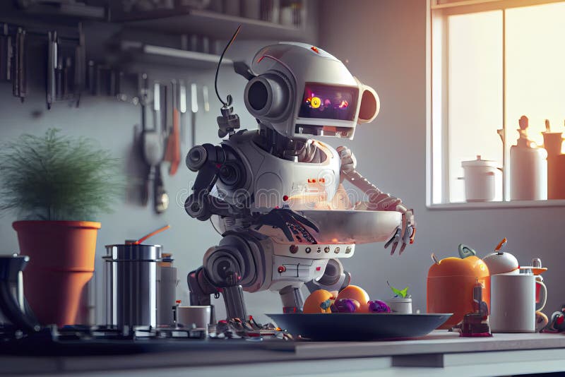 Robot Chef Cooking in Kitchen of Future Home Genius, Smart Robot ...