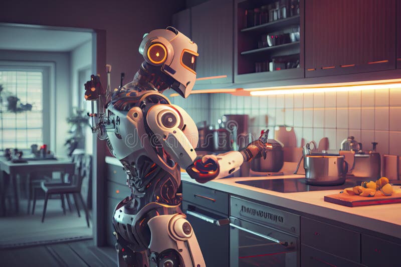 Robot Chef Cooking in Kitchen of Future Home Genius, Smart Robot ...